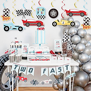 K KUMEED Race Car Two Fast Party Hanging Swirls Checkered Flags Racing Birthday Party Foil Ceiling Decorations for Kids Boys Men Racing Theme 2nd Birthday Party