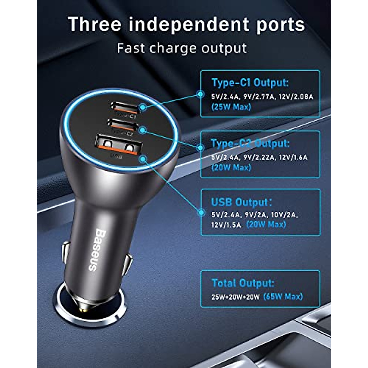 65W USB C Car Charger, Baseus QC3.0 PD3.0 Type C Car Charger, 3 Ports Independent Fast Charging Car Charger Phone Adapter for iPhone 14 13 12 Pro Max XS X, Samsung, iPad Pro/Air, AirPods (Dark Gray)