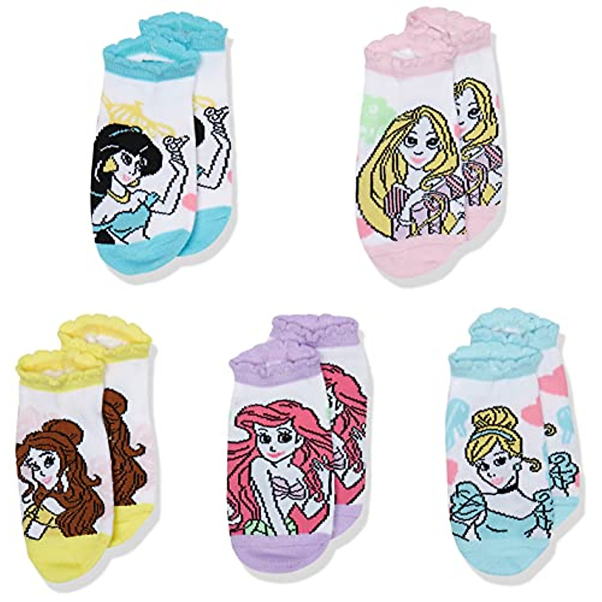 Disney Girls' Little Princess 5 Pack No Show, Pastel Assorted Big Face, Fits Sock Size 6-8.5 Fits Shoe Size 7.5-3.5