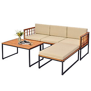 Tangkula 5 Piece Patio Furniture Set, Acacia Wood Sectional Set with Heavy-Duty Metal Frame, Comfy Seat & Back Cushions, Outdoor Wood Conversation Chair Set for Poolside, Porch, Backyard (Beige)