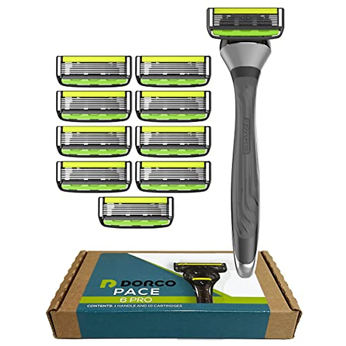 Dorco Pace 6 Pro - Six Blade Razor System with Trimmer - 10 Pack (1 Handle + 10 Cartridges)