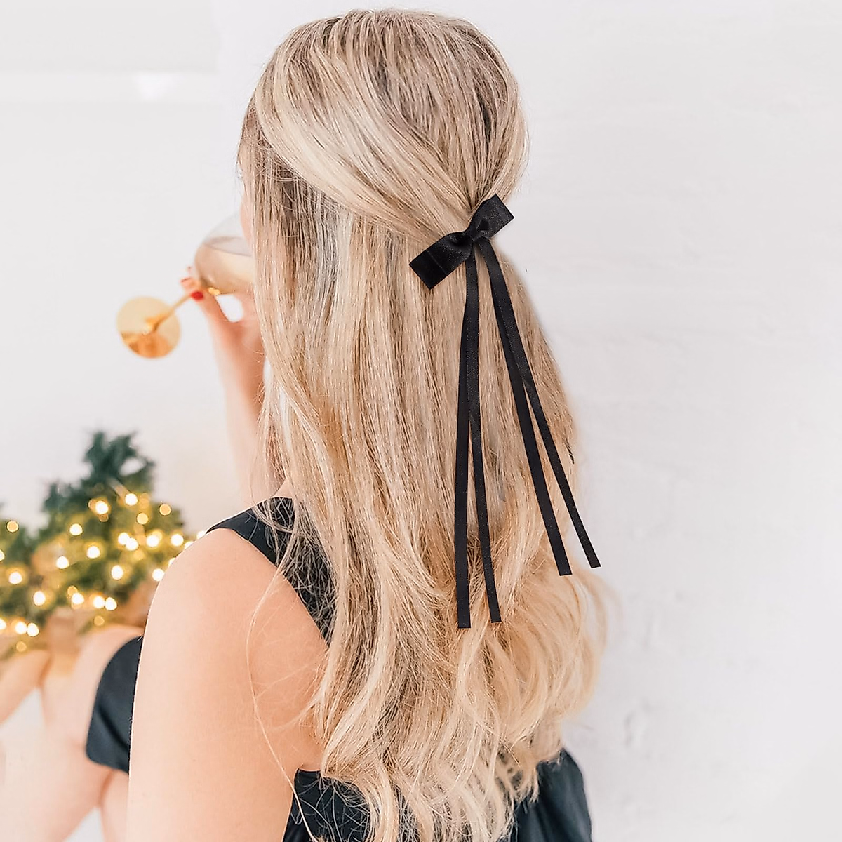 VOBOBE 2PCS Hair Bows for Women Girls, Tassel Ribbon Bowknot Hair Clips Barrettes for Girl with Small Long Tail Solid Satin Hair Accessories (Black-Glitter)