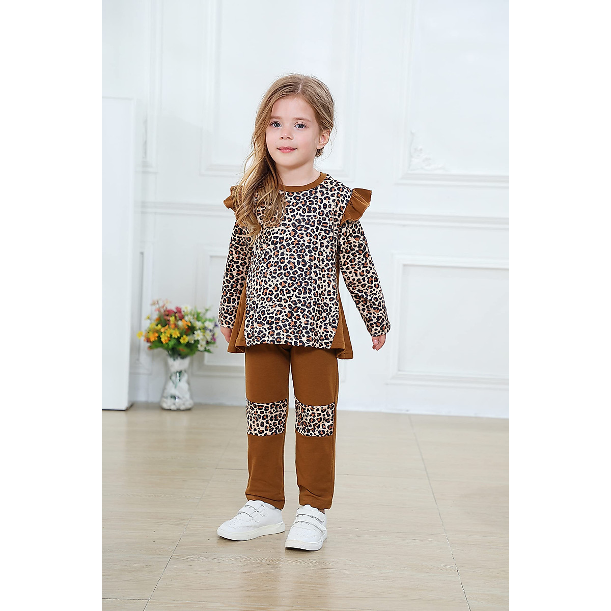 Girls Clothes Cute Long Sleeve Ruffle Tops Kids Cheetah Shirt Pants Set Baby Two Piece Clothing Toddler Girl Leopard Outfit 8t,7-8 Years old