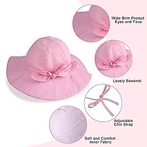 2 Pieces Baby Girls Sun Hat Adjustable Sun Protection Summer Beach Wide Brim Hat (White and Pink,0-12 Months)
