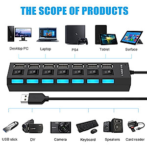 Multi Port Splitter, 7 Port USB 2.0 Hub, USB A Port Data Hub with Independent On/Off Switch and LED Indicators, Lights for Laptop, PC, Computer, Mobile HDD, Flash Drive and More (Black 2.0)