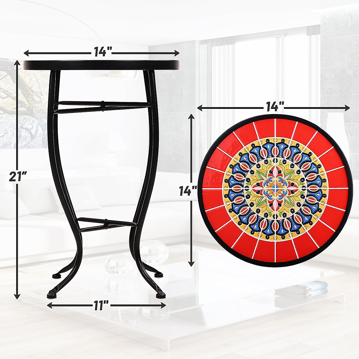 Elevon Outdoor Side Table Mosaic Patio Table, 21” Accent Table Round End Table with 14” Ceramic Table Top, Outdoor Patio Furniture Balcony Table for Garden Backyard Pool Porch Bistro, Plant Stand