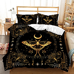 AILONEN Moth Duvet Cover Set Queen Size, Boho Sun and Moon Comforter Cover Set,Death Moth Duvet Cover with 2 Pillowcases, 3 Pieces