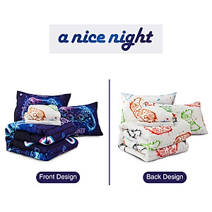 A Nice Night 5Pcs Gaming Comforter Set,Blue Purple 3D Game Contoller Themed Printing Bedding Sets for Kids Teen Boys, Reversible Comforter for All Seasons,Twin