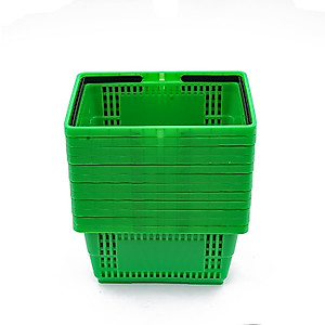 RABEEXP 12 Pcs Shopping Baskets 28L 7.4Gal Plastic Shopping Baskets with Handles, Portable Grocery Basket for Supermarket Retail Shop Book Store Laundry, 18.9x13x10.2 Inch (Green)