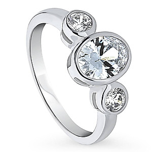 BERRICLE Sterling Silver 3-Stone Wedding Engagement Rings Oval Cut Cubic Zirconia CZ Anniversary Promise Ring for Women, Rhodium Plated Size 8