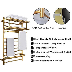 Bathroom Wall Heater Towel Warmers for Bathroom, Wall Mounted Electric Heated Towel Rack, 304 Stainless Steel Towel Dryer Rack Heated Towel Bars, Towel Rail Rack for Bathroom, Gold (Golden Hardwired