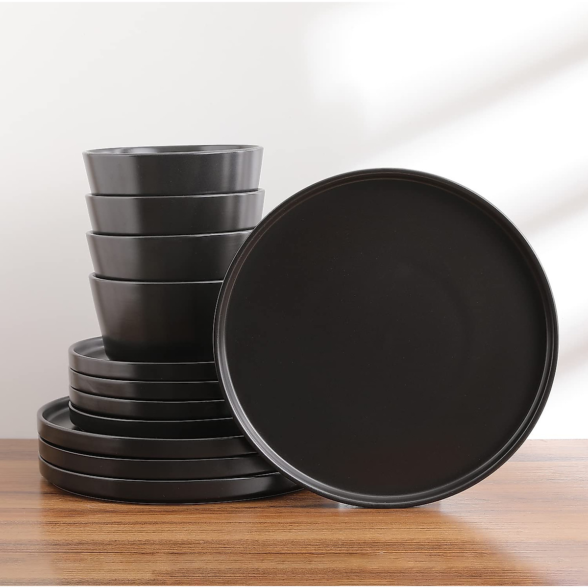 Stone Lain Celina Modern Stoneware 24-Piece Dinnerware Set, Dinner and Salad Plates, Soup Bowls, Dish set for 8, Black