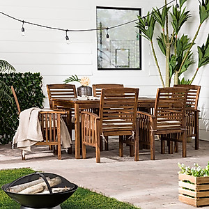 Walker Edison Rendezvous Modern 7 Piece Solid Acacia Wood Outdoor Dining Set, Set of 7, Dark Brown