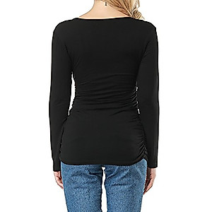 ALLEGRACE Womens Sexy Long Sleeve Tops Casual Fall Ruched V Neck Wrap Shirts Black L