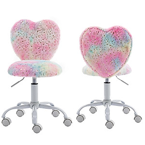 DAYALANE Fluffy Desk Chair with Wheels, Cute Kids Study Chair with Adjustable Height, Faux Fur Task Computer Chair Swivel Chair for Girls, Teen Rolling Chair for Bedroom, Vanity, Rainbow Pink
