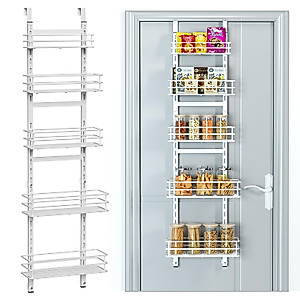 Purdaz Adjustable 5-Tier Over the Door Pantry Organizer, Spice Rack, Narrow Hanging Shelf for Kitchen Storage and Organization (White)