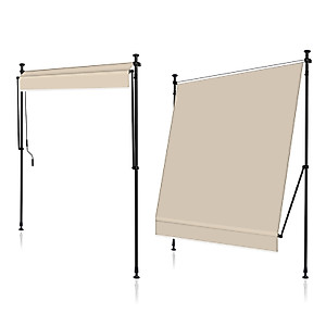 JEKITO Manual Retractable Awning – 118” Non-Screw Outdoor Sun Shade – Adjustable Pergola Shade Cover with UV Protection – 100% Polyester Made Outdoor Canopy – Ideal for Any Window or Door Cream