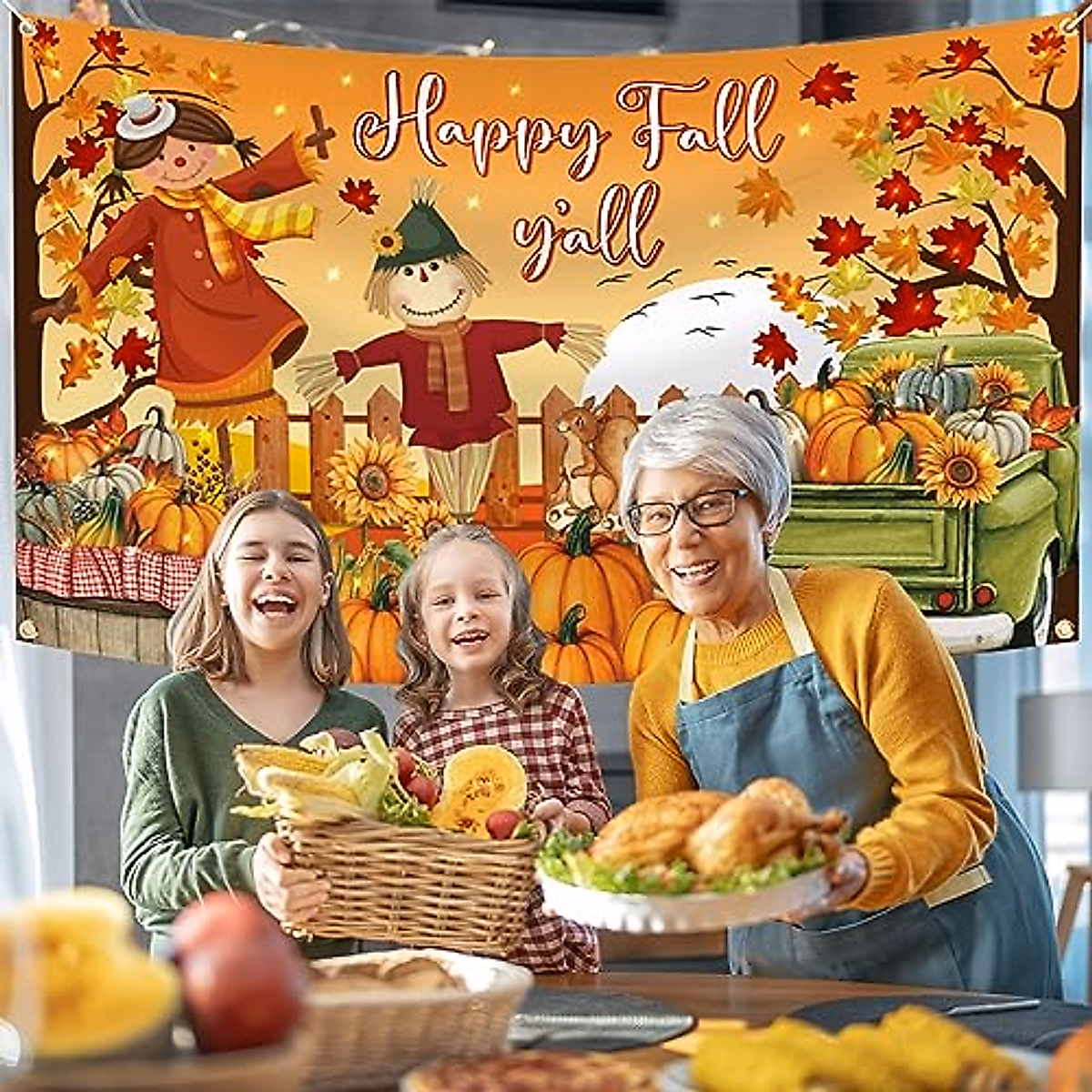 Fall Y'all Backdrop Happy Fall Y'all Decorations,Large Polyester Scarecrow Fall Leaves Fall Backdrops Banner for Photography Thanksgiving Decorations Fall Party Supplies