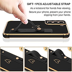 Telaso Phone Case Samsung Galaxy S22, Love Heart Cute Case with Wristband Kickstand Holder Soft TPU Plating Bumper Protective Slim Shockproof Cover for Girls Women, Black