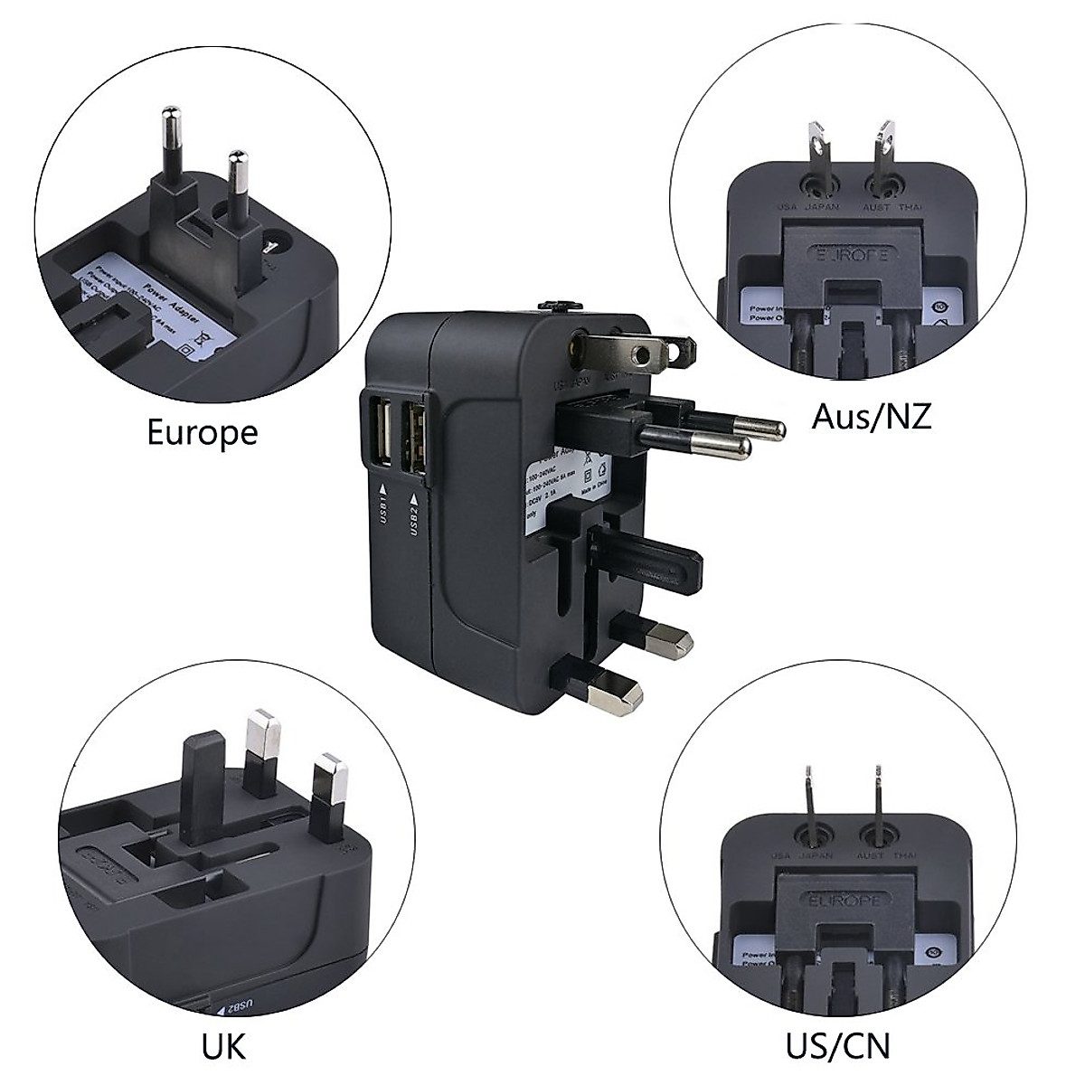 Travel Adapter, Worldwide All in One Universal Travel Adapter Wall Charger AC Power Plug Adapter with Dual USB Charging Ports for USA EU UK AUS, Cell Phone Laptop, Black