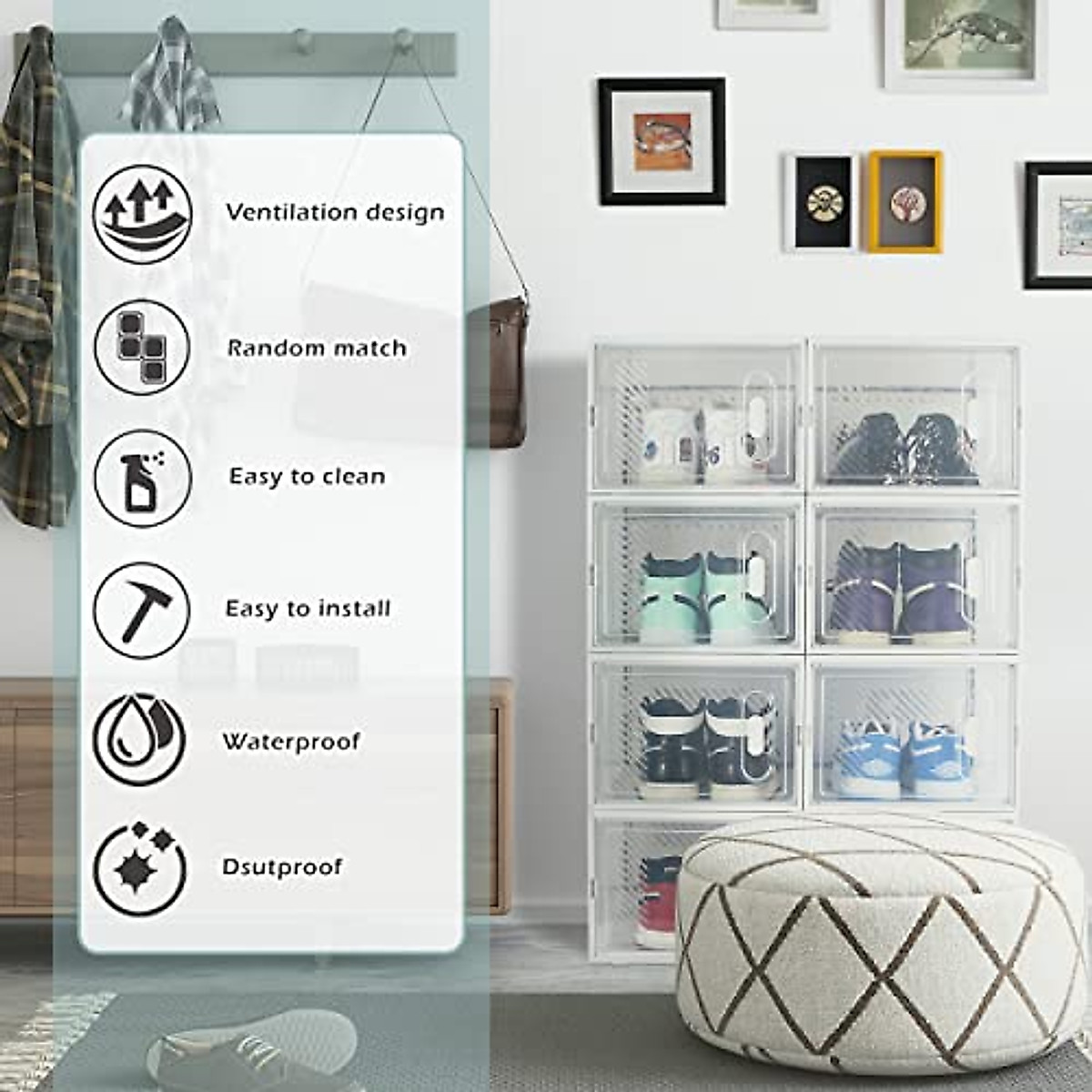 Hrrsaki 8 Pack X-Large Shoe Storage Boxes, Shoe Boxes Clear Plastic Stackable, Shoe Organizer Boxes with Front Opening Lids, Ventilation and Dust-proof, Shoe Container Boxes for Closet, Bedroom, Bathroom, Fit for Women/Men Size 14(14” x 11” x 8.3”) (white