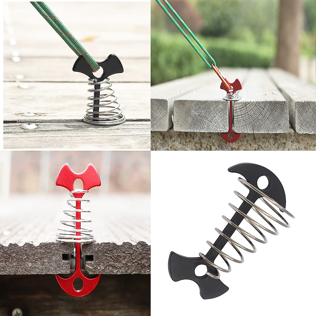 Bytiyar 8 pcs Aluminium Alloy 3 inch Fishbone Tent Stakes Deck Anchor Pegs with Spring Rope Buckle Hook Cord Adjuster Tensioner Kit for Camping on Wood Platform Black