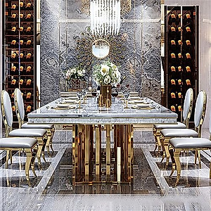 LAKIQ Luxury Style Marble Dining Table Modern Rectangle Kitchen Dining Room Table Gold Metal Pedestal Table-Table Only-Without Chairs (White,63" L x 35.4" W x 29.5" H)