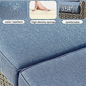 XIZZI Patio Furniture Set Outdoor Conversation Sofa with 30 Inch Square Propane Fire Pit Table All Weather PE Rattan Wicker High Back Outside Couch for Deck,Backyard and Garden,Grey Wicker Denim Blue