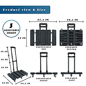Antetek Folding Hand Truck, 500 lbs Capacity Heavy Duty Luggage Cart, Foldable Hand Cart with 6 Wheels & 2 Ropes, Compact Utility Dolly Platform Cart for Luggage, Personal, Travel, Moving, Office