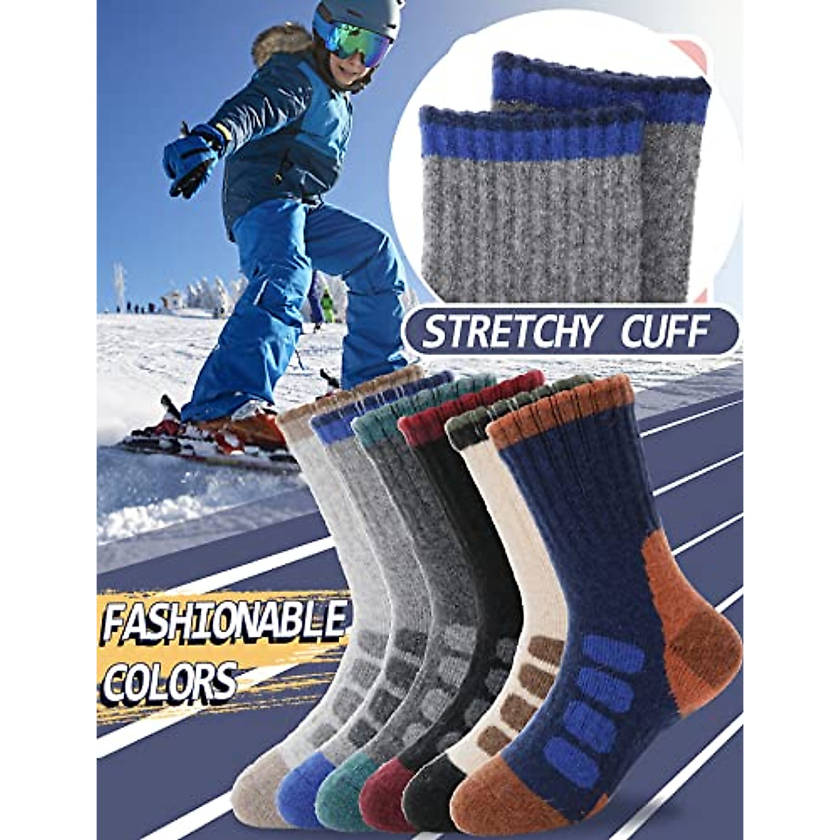 Anlisim Kids Merino Wool Hiking Socks Boys Girls Toddlers Thermal Winter Warm Boot Thick Cushion Snow Ski Gift Stocking Stuffer Socks 6 Pairs (Check, 12-15 Y)