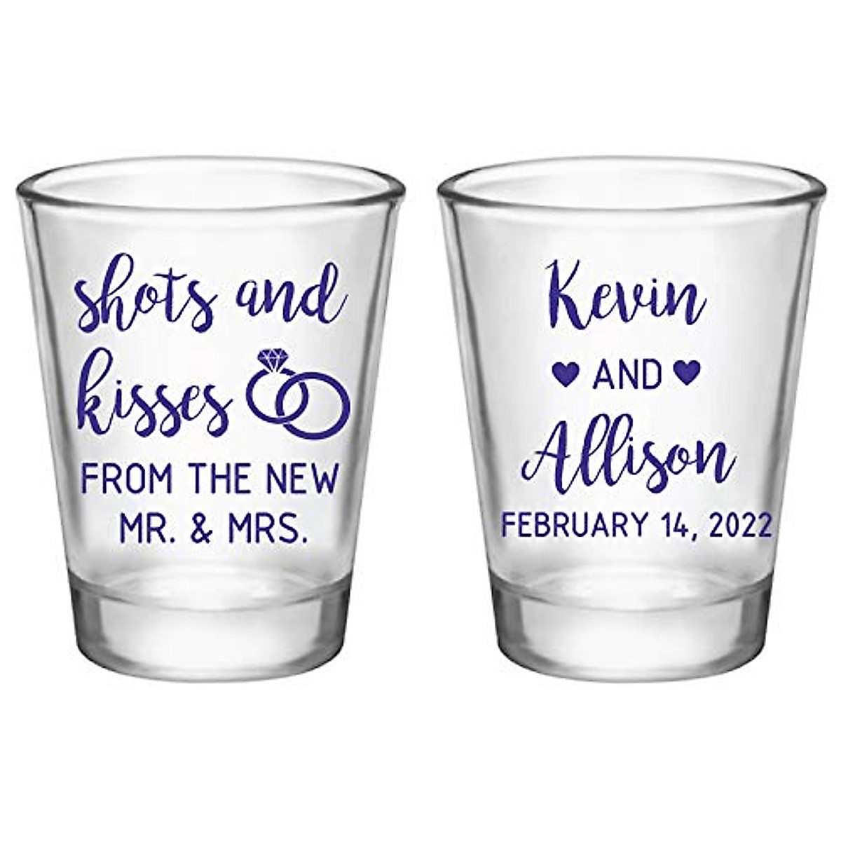 1.75oz Personalized Glass Shot Glass Favors "shots and kisses" use for Wedding, Engagement, After Party, Bridal Shower or your Rehearsal Dinner !