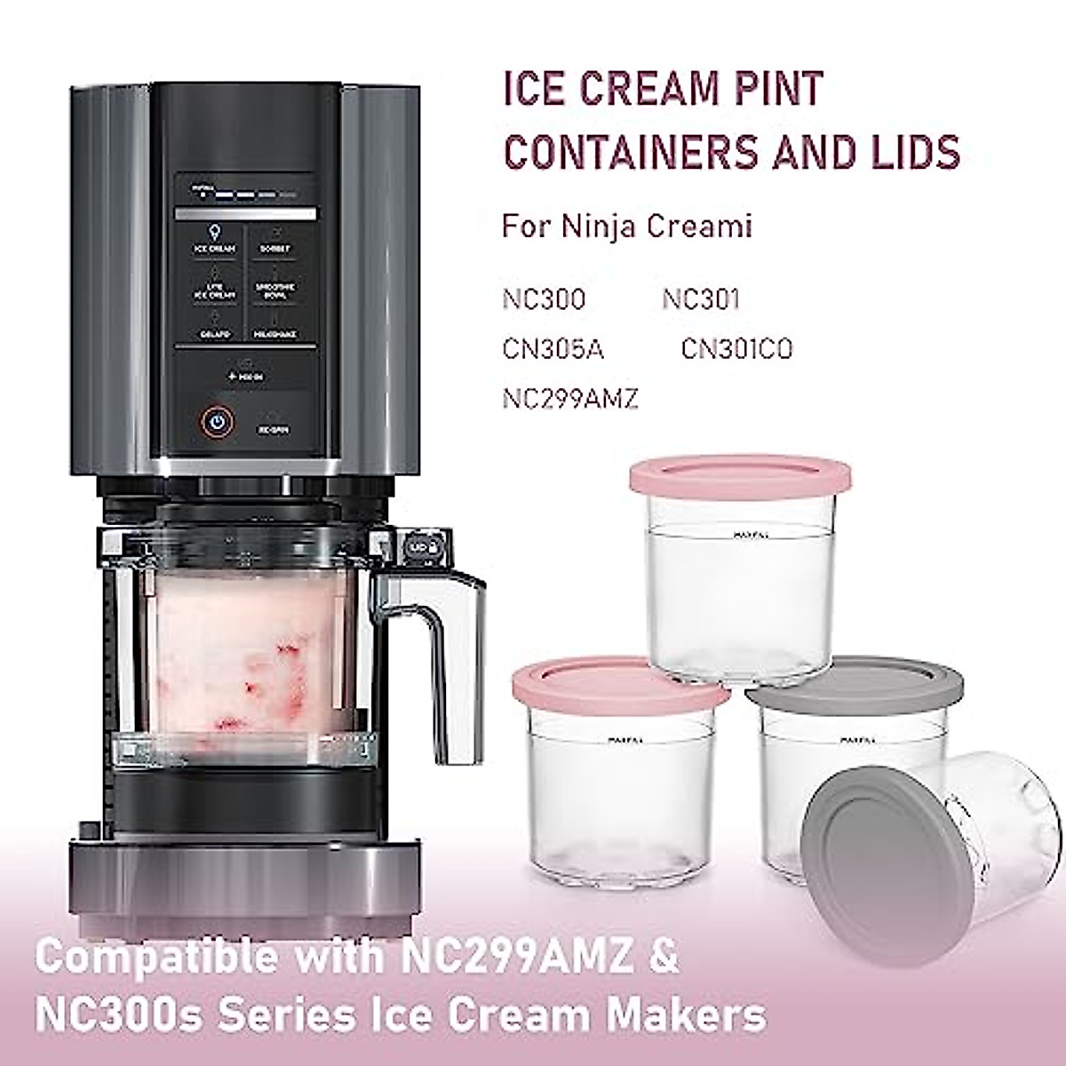 Ice Cream Machines Containers Lids BPA-Free & Dishwasher Safe, Containers Replacement Pints and Lids Compatible with NC299AMZ & NC300s Series Creami Ice Cream Makers(Pink/Grey)