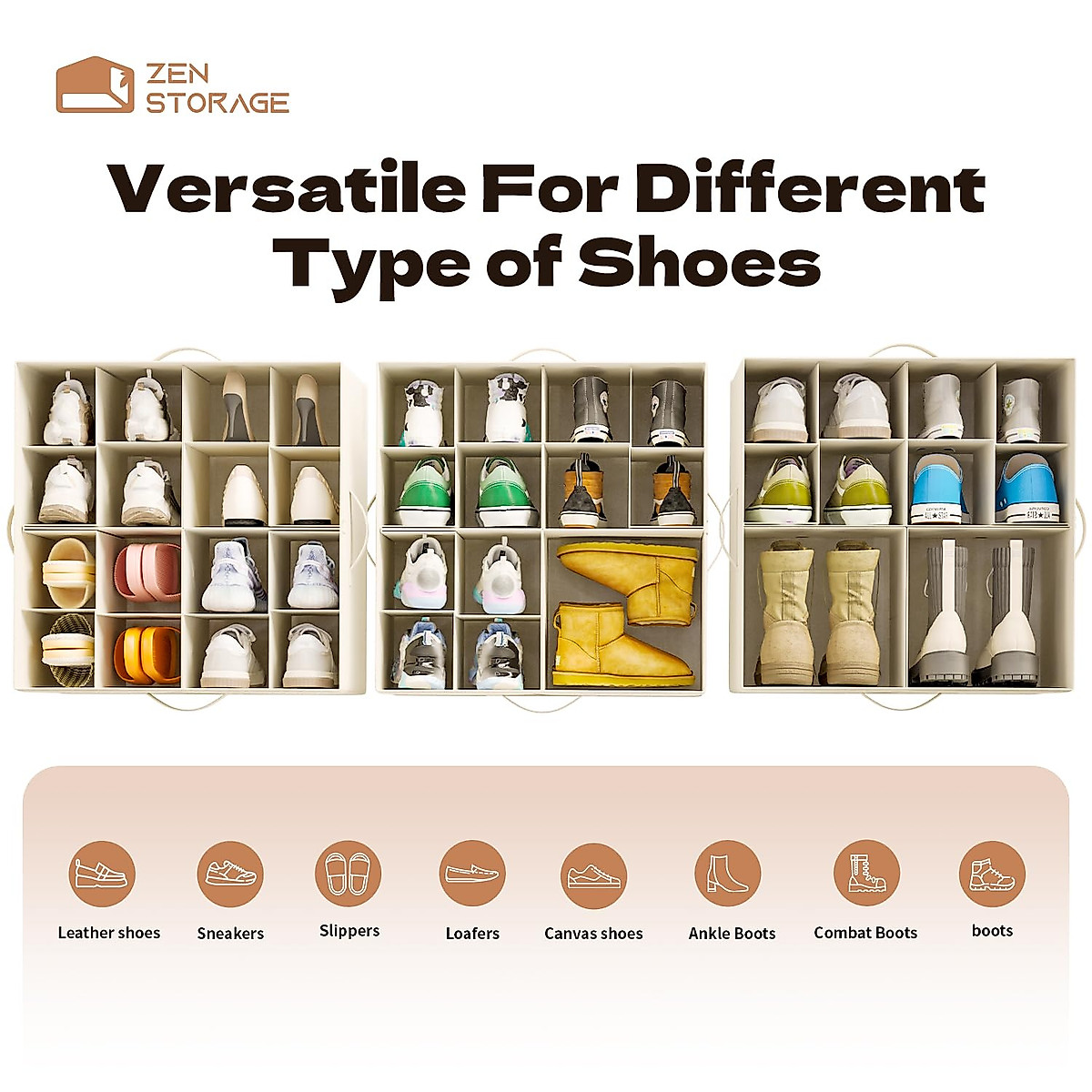 Fabric Shoe Storage Bins for Men Size 14, Shoe Organizer for Closet with Clear Cover and Adjustable Dividers, 16-Slot Shoe Storage Box Fits Up to 16 Pairs, 2Pack, Beige