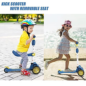 Wheelive 2 in 1 Kick Scooter with Removable Seat, 3 LED Wheels Kick Scooter for Kids, 4 Adjustable Height & Foldable Design Toddler Scooters Sit or Stand Ride for Boys & Girls 2-8 Years Old（Blue）