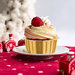 EUSOAR Aluminum Foil Cupcake Baking Cups, Gold 50 Pack 8oz Disposable Aluminium Creme Brulee Ramekins Cupcake Liners, Foil Desert Cake Pans Flan Molds Tin Foil Cups Containers with Lids for Baking