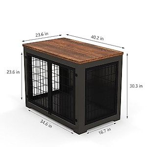 CuisinSmart Dog Crate Furniture, 40inch Particle Board Dog Crate Wooden Dog Kennel Furniture with Door Lock and Double Door for Dog-Black + Dark Walnut