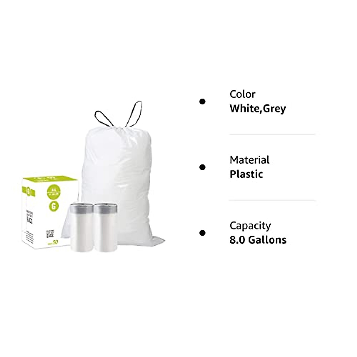 DisplayForever Code G (50 Count) 8 Gallon Heavy Duty Drawstring Plastic Trash Bags Compatible with simplehuman Code G 1.2 Mil White Drawstring Garbage Liners 8 Gallon/30 Liter