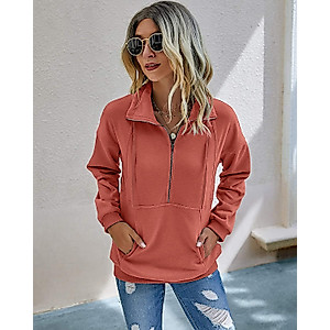 PRETTYGARDEN Women’s Casual Long Sleeve Lapel Zipper Sweatshirt Drawstring Loose Pullover Tops Orange Red