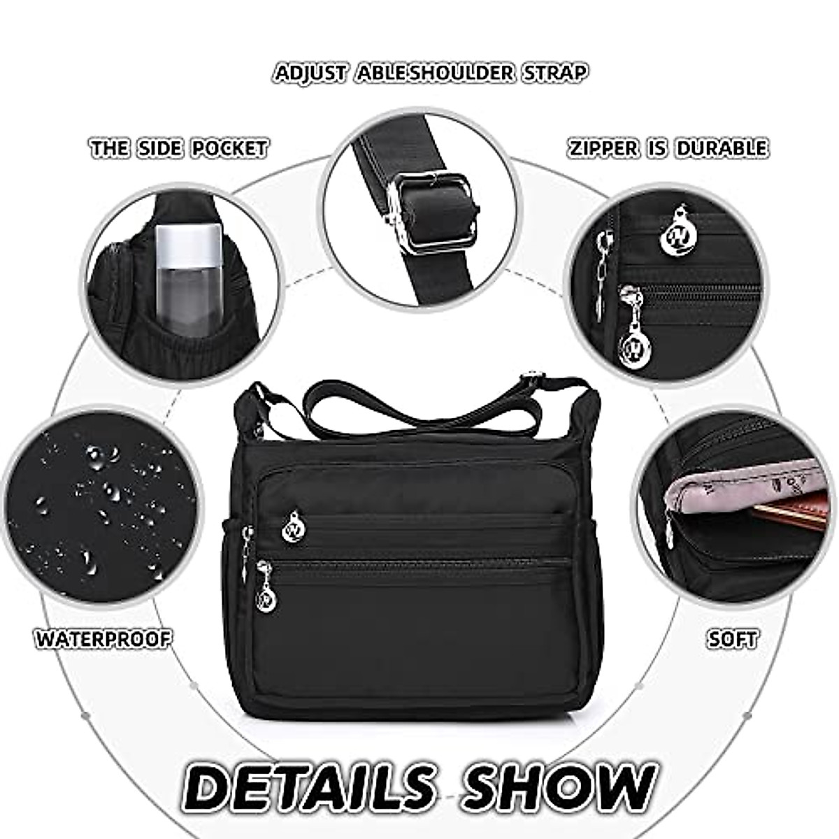 Beejirm Nylon Purses for Women Purse with Pockets and Compartments Purses with Lots of Pockets Multi Pocket Casual Crossbody Bag (Black)