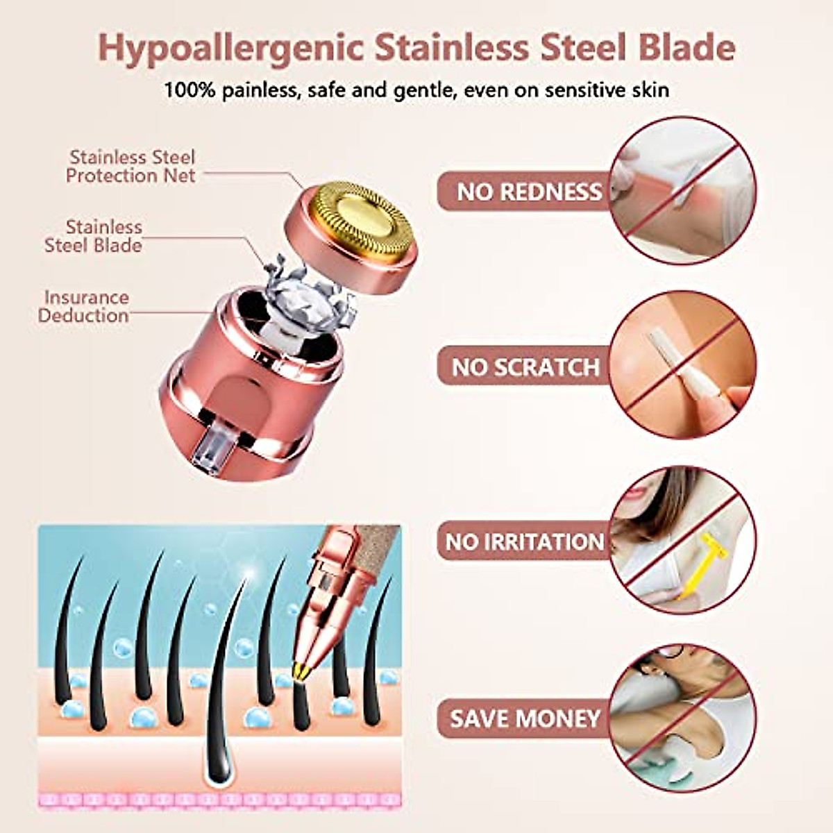 Women's Facial Eyebrow Trimmer, CkeyiN 2 in 1 USB Rechargeable Painless-Precision Eyebrow Remover Eyebrow Razor Tool with Built-in LED Light Facial Trimmer for Nose, Lips, Body