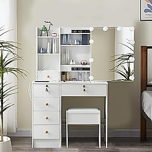 JBLCC Vanity Desk with Lights Mirror,Vanity Table Makeup Vanity with Slidable Mirror, Modern Vanity Table with Drawers & Cabinet,Stool,for Bedroom, White (jbl6505USB)