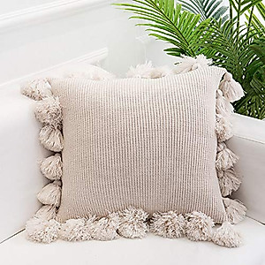 famibay Knitted Pillow Covers with Pompoms Tassel Boho Striped Cable Knit Throw Pillow Cases Decorative Pillow Cushion Cover Set for Home Sofa Couch Bed 18” x 18” Beige