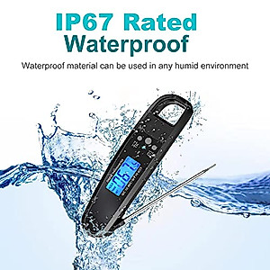 LIKEPAI Instant Read Meat Thermometer for Kitchen Cooking, Ultra Fast Precise Waterproof Digital Food Thermometer with Backlight, Magnet and Foldable Probe for Deep Fry, Outdoor BBQ, Grill（Black）