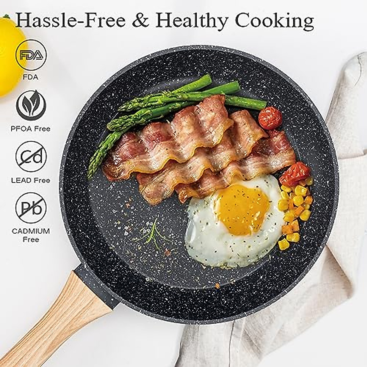 SODAY Pots and Pans Set, Nonstick Kitchen Cookware Sets, 12 Pcs Induction Cookware Granite Cooking Set with PFOS & PFOA Free Frying Pans, Saucepans, Steamer Silicone Shovel Spoon & Tongs (Black)