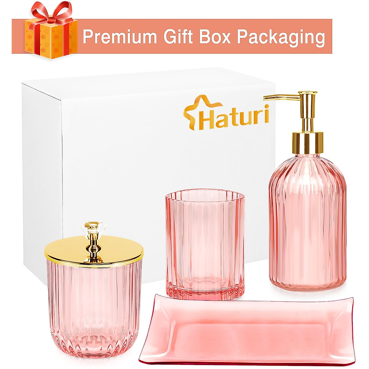 Haturi Bathroom Accessories Set, 4 Pcs Pink Glass Bathroom Accessories Sets Complete w/Lotion Soap Dispenser, Toothbrush Holder, Apothecary Jar, Vanity Tray, Bathroom Decor, Gift for Home Apartment