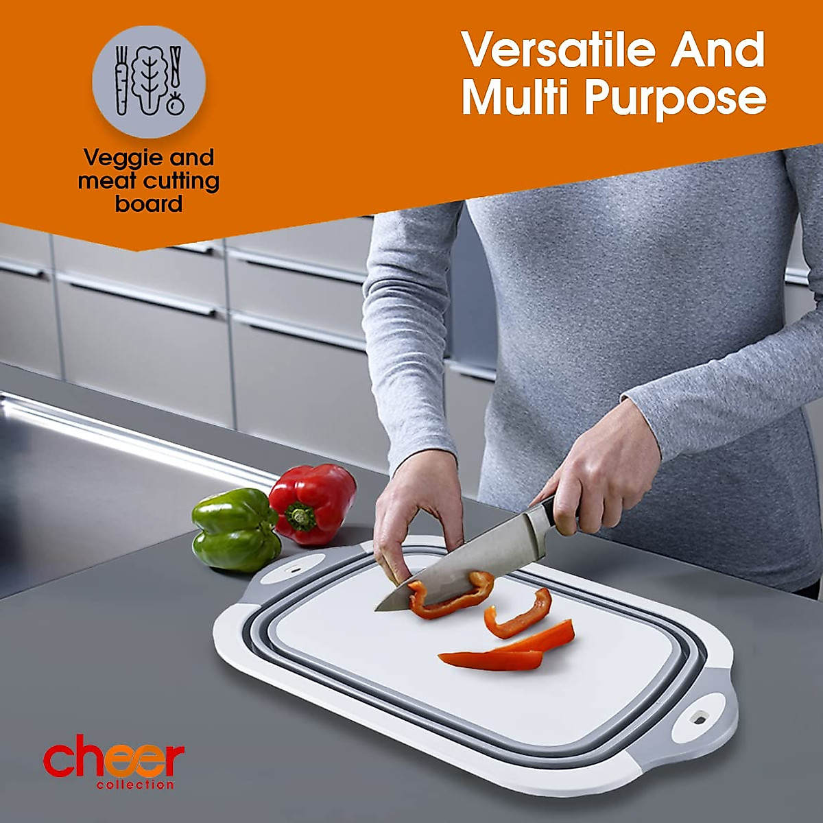 Cheer Collection Collapsible Cutting Board - Foldable Sink Colander and Chopping Board with Drainage Hole, Non-Slip Multifunction Storage Basket for Camping BBQ Picnic