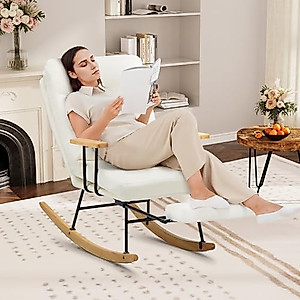 Rocking Chair with Footrest-Glider Rocker Chair with Retractable Footrest and Adjustable Backrest, Teddy Upholstered Rocking Chair, Modern Accent Chair for Living Room/Nursery/Bedroom/Outdoor-Beige
