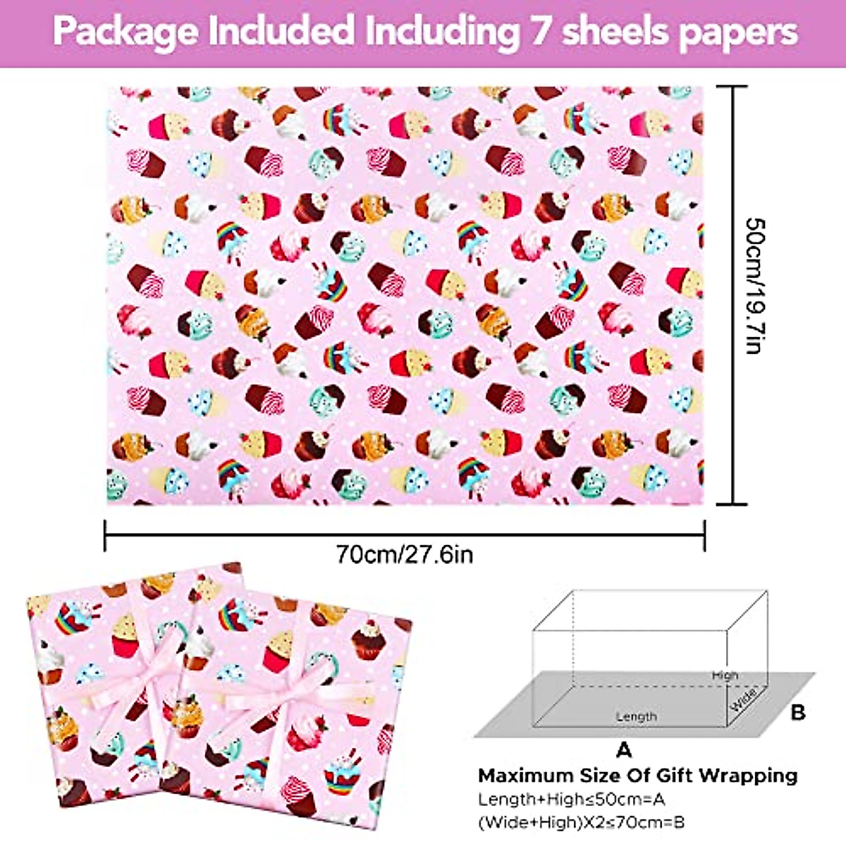 Birthday Wrapping Papers, 7 Sheets Pink Cupcake Muffin Printed Pattern Gift Wrap Papers, 20 x 28 inch Per Sheet Folded Flat with 1 Roll Pink Ribbon for Kids Girls Boys Birthday Baby Shower