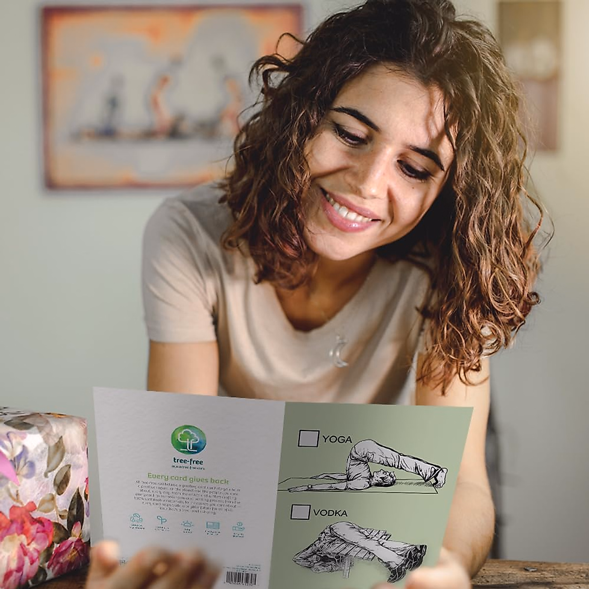 Tree-Free Greetings - Humorous Birthday Cards - Artful Designs - 1 Card + Matching Envelopes - Made in USA - 100% Recycled Paper - 5"x7" - Yoga Or Vodka (GO61230)