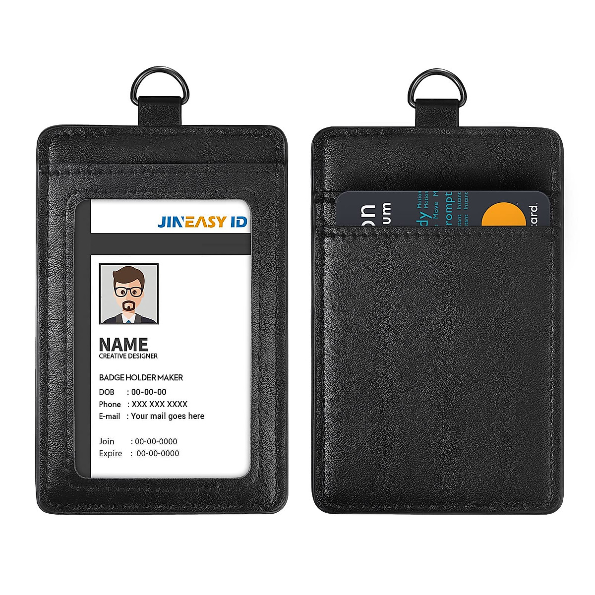 JINEASY ID Leather ID Badge Holder Vertical Lanyard ID Card Holder Black Badge Protector Case for Work Office Name Badges Keycard, Holds 3 ID Cards, 2 Pack